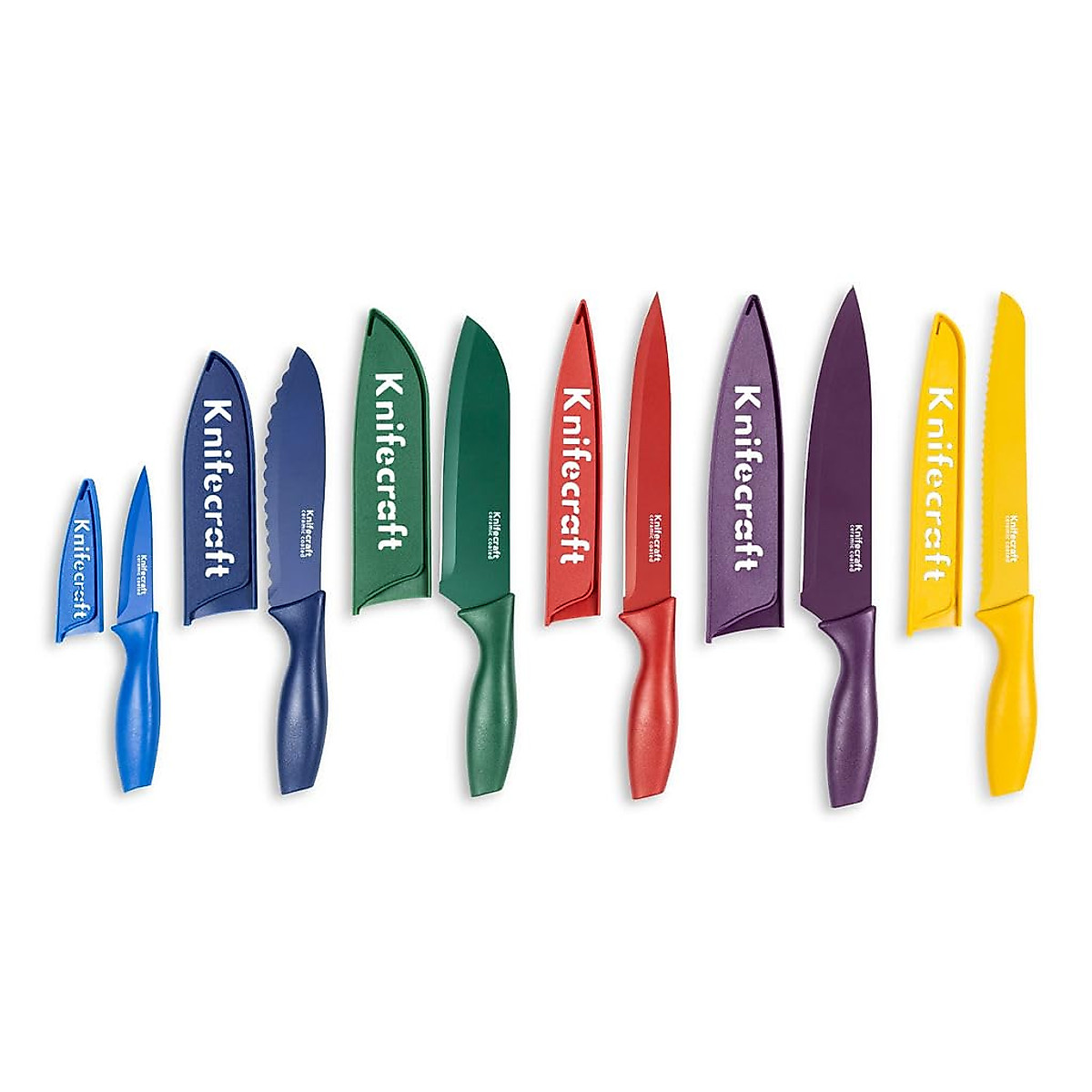 Knifecraft 12-Piece Color Coded Kitchen Knife Set, Non-Stick Ceramic Coated Stainless Steel with 6 Blade Guards, Dishwasher Safe, Perfect for Gifting