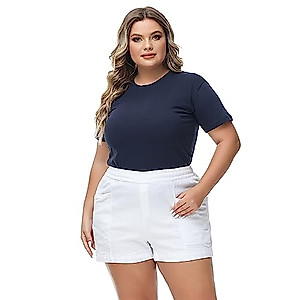 MCEDAR Linen Blend Shorts for Women Drawstring Elastic Waist Plus Size Beach Pants with Pockets White-AS