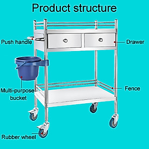 XZOTA Medical Cart, Lab Cart 3 Layers Double Drawers Medical Cart with Wheels 1 Refuse Basin Stainless Steel Cart, 3-Shelf 330 LBS Max Load Rolling Utility Cart, Silver (Size : 80x48cm(31.5x18.9in).)