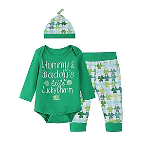 bakjuno Baby Boys Girls Cute ST Patrick's Day Outfit Clover Pants with Hat(0-3 Months) Green