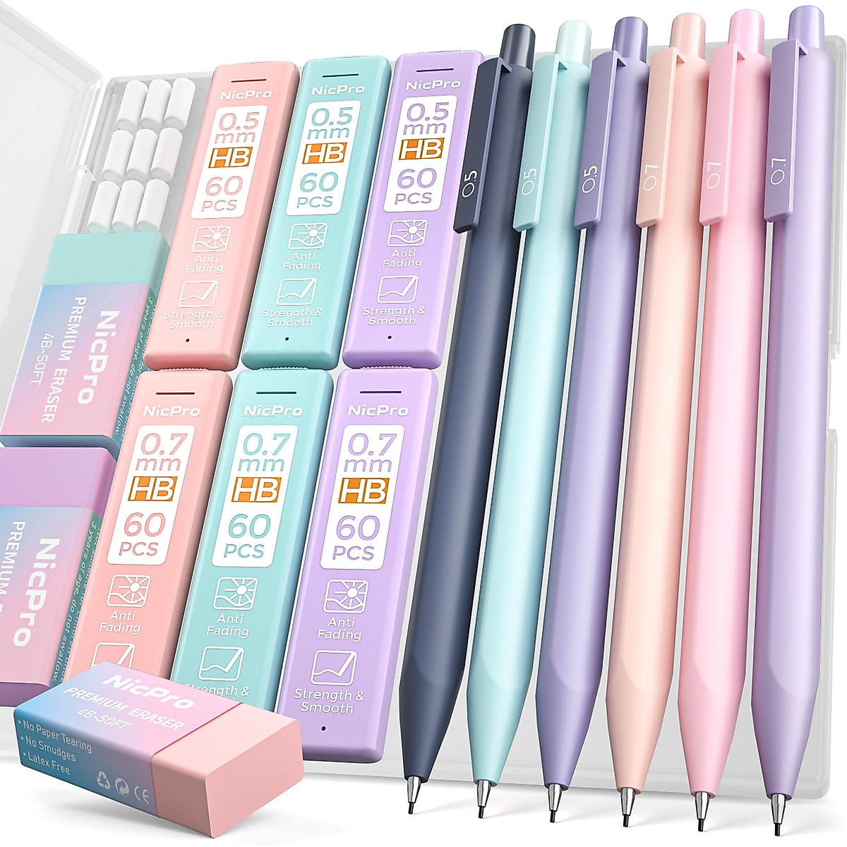 Nicpro 6PCS Pastel Mechanical Pencil Set, Cute Mechanical Pencils 0.5 & 0.7 mm with 6 Tubes HB Lead Refill, 3PCS Eraser and 9PCS Eraser Refill for Student Writing, Drawing, Sketching- with Cute Case