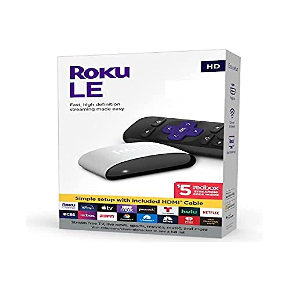 Roku LE Streaming Media Player 3930S3, Fast, High Definition - 1080p Full HD (Includes Charging Cube, Remote, Batteries, & High-Speed HDMI Cable, Redbox Promo) , White