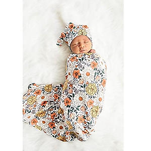 Konssy Baby Girl Newborn Receiving Blanket with Matching Headband and Beanie Set Baby Swaddle Floral Print Nursery Swaddle Wrap