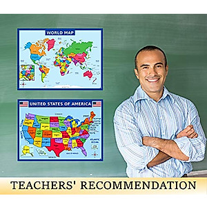 World Map Poster, United States USA Map, Solar System Posters for Kids - Laminated, Size 14x19.5 in.- Educational Posters for Elementary Classroom Decorations, Teacher Supplies (Maps and Solar)