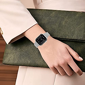 Slim Metal Band Compatible with Apple Watch Bands 40mm 44mm 41mm 45mm 38mm 42mm Women,Thin Narrow Stainless Steel Mesh Milanese Loop Magnetic Replacement Strap for iWatch SE Series 8 7 6 5 4 3 2 1