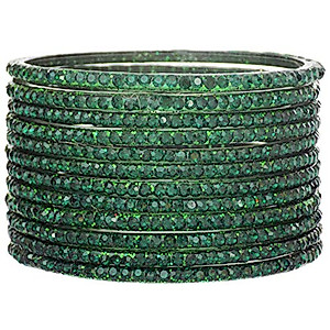 JD'Z COLLECTION Indian Bangles For Women Bollywood Glass Bangles Bridal Ethnic Jewelry Set Costume Matching Wedding Designer CZ Stone Jewellery Bangle Bracelets Set Of 12 (Dark Green, 2.4)