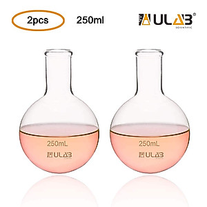 ULAB Boiling Flask of Round Bottom Set, 2pcs of Vol.250ml, Borosilicate 3.3 Glass Material, UBF1004