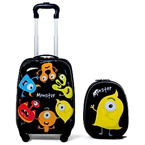 Goplus 2PC Kids Luggage, 12" & 16" Kids Carry On Luggage Set with 4 Spinner Wheels, Lightweight Rolling Spinner Suitcase for Children Toddlers Boys and Girls Travel (Monsters)