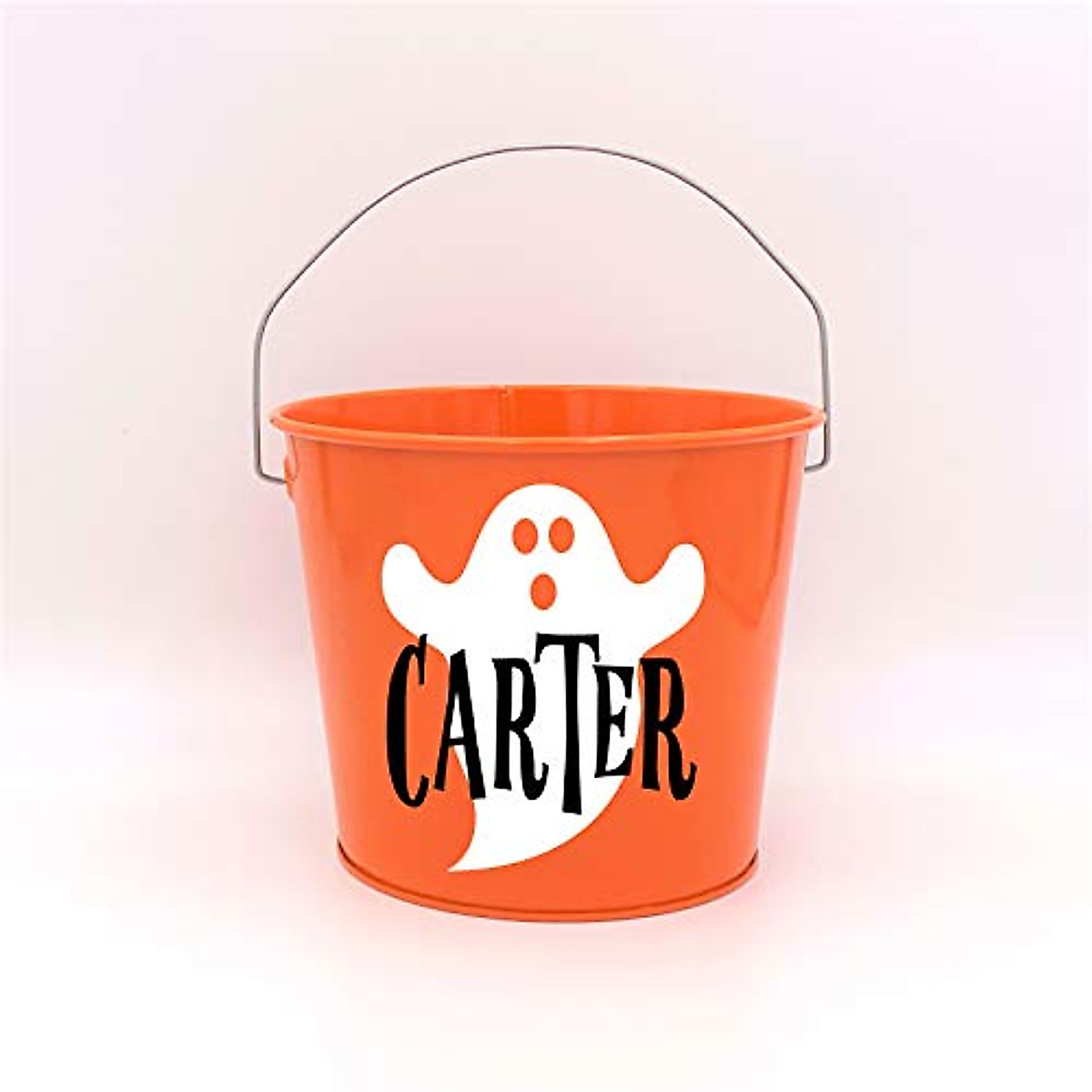 Personalized Halloween Ghost Name Pail - Choose The Color - Metal Pail Bucket Basket Bag for Girls and Boys