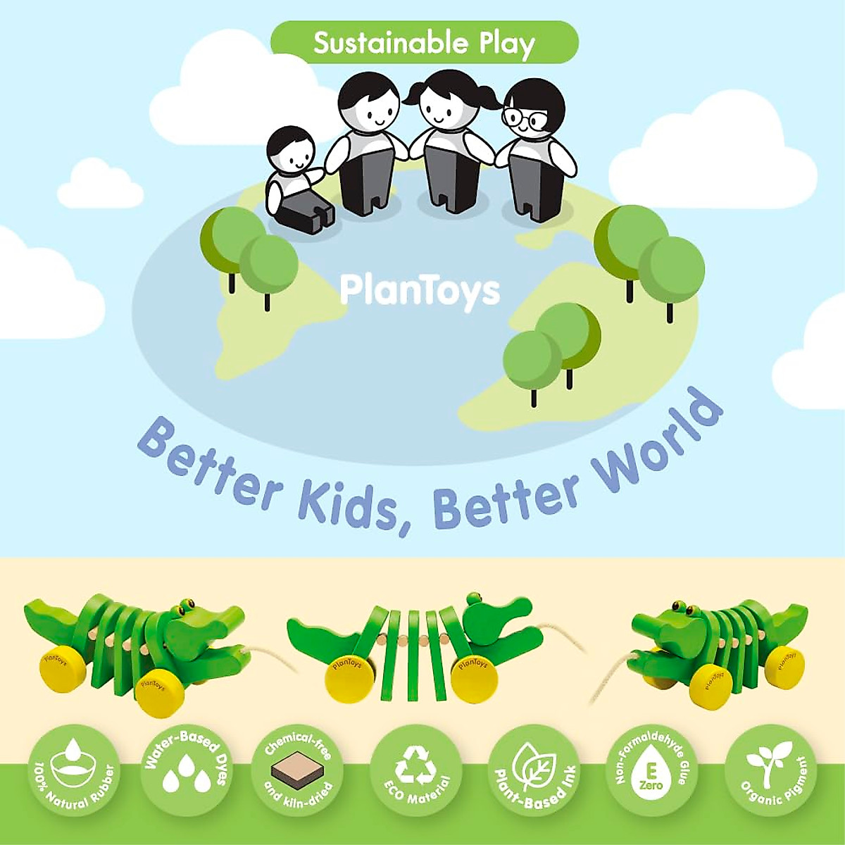 PlanToys Dancing Alligator Push & Pull Toy - Sustainably Made from Rubberwood with 3 Organic-Pigment Color Options and Makes Click-Clack Sounds and Dancing Movements when Pulled (Natural)