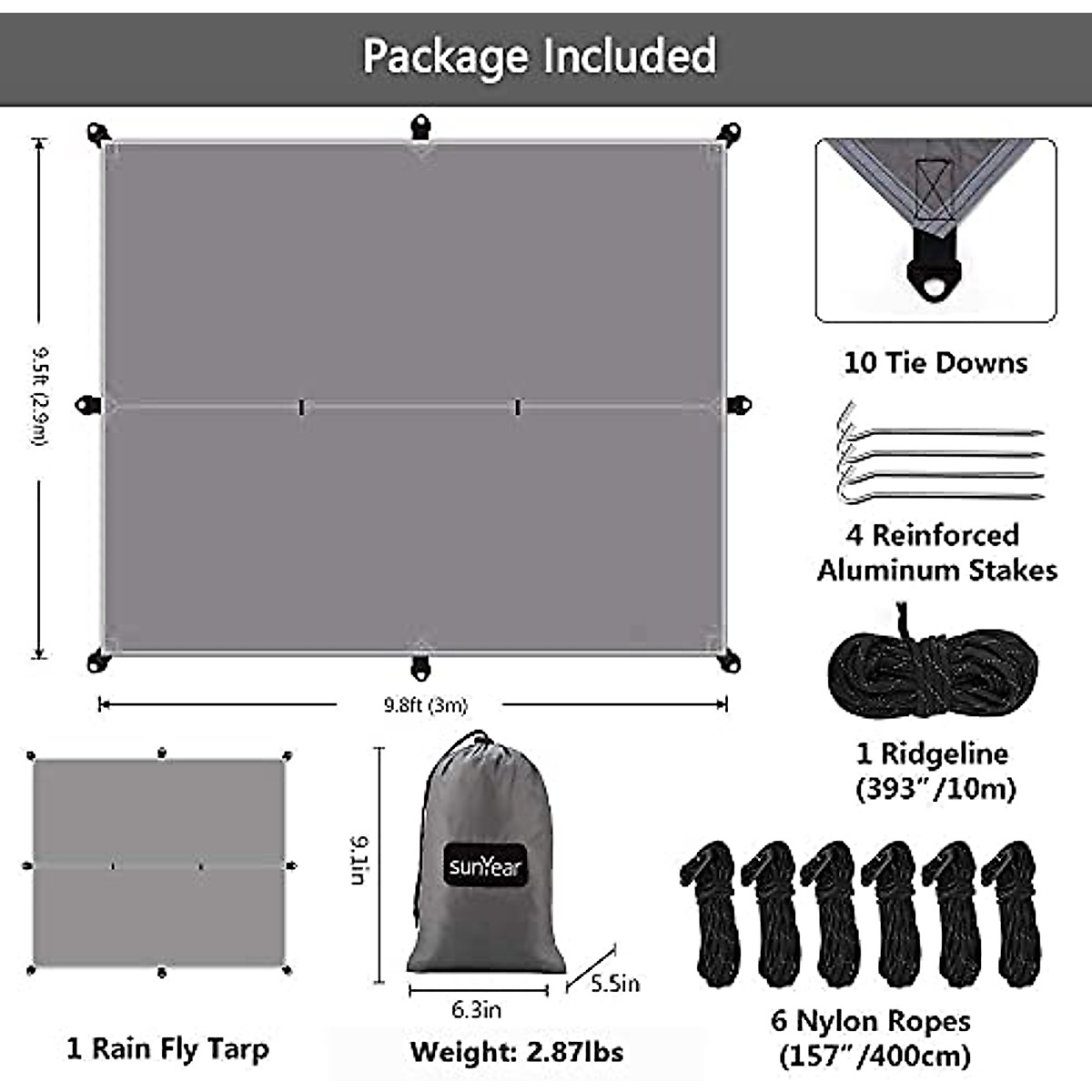 Hammock Rain Fly Tent Tarp Provides Effective Protection Against Rain, Snow. 32ft Long Ridgeline. Big 9.8x9.5ft Durable, Waterproof 210D Oxford. 6 Reflective Guy Lines, 2 Stuff Sacks. Easy Assembly