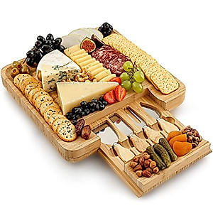 Zulay Kitchen Premium Bamboo Cheese Board Set - Extra Thick Bamboo Charcuterie Board Set with 4 Piece Knife Set - Wooden Cheese Board is Perfect for Charcuterie, Wine and Cheese (Party Set)