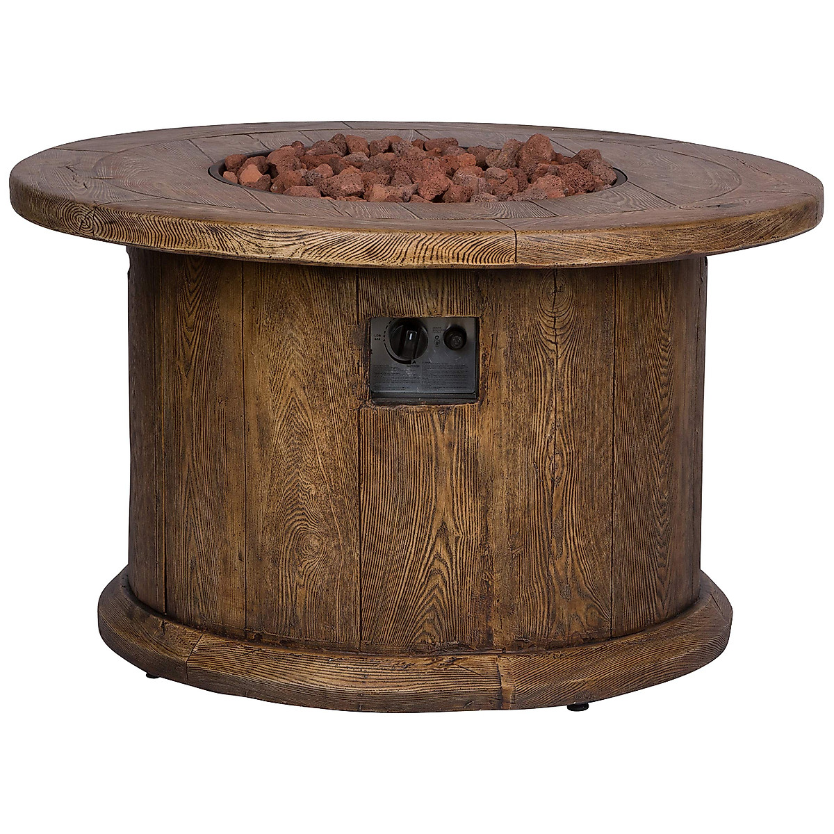 Shine Company Merida 40 in Round 50,000 BTU Outdoor Glass Fiber Reinforced Concrete Propane Gas Fire Pit Table w/GFRC Tabletop, Stainless Steel Burner, Lava Rocks, Natural Wood Look - Brown