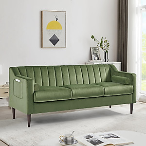 Gecheer Mid Century Modern Chesterfield Sofa Couch, Comfortable Upholstered Sofa with Velvet Fabric and Wooden Frame and Wood Legs for Living Room/Bed Room/Office Green -3 Seats