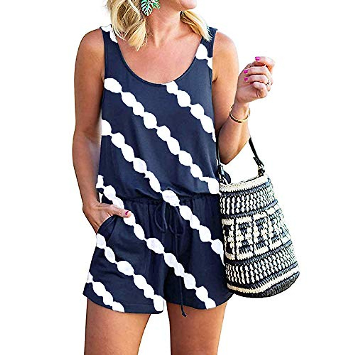 Bravetoshop Women's Rompers Round-Neck Sleeveless Casual Elastic Waist Short Pants Jumpsuit with Pockets (J-Blue,L)