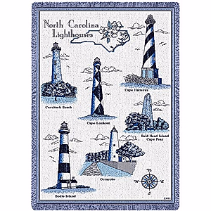 Lighthouses of North Carolina Blanket - Curritick, Cape Lookout, Hatteras, Bald Head Island, Ocracoke, Bodie - Soft Afghan Gift Throw Woven from Cotton - Made in The USA (69x48)