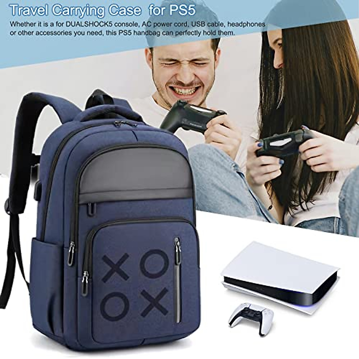 YB-OSANA Gaming Console Backpack Travel Carrying Case with USB Port Multiple Pockets for PS5/Controllers/Gaming Accessories (Blue)