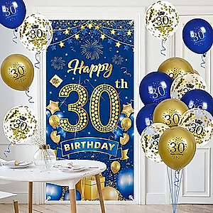 30th Birthday Party Decorations for Men Navy Blue Gold Happy 30th Birthday Banner with 18pcs 30th Balloons 30th Door Cover Backdrop for Men Women Birthday Anniversary Party Sign Porch Decor Supplies