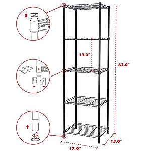 ZHAZHADI 5 Tier Adjustable Storage Shelf Metal Storage Rack Wire Shelving Unit Storage Shelves Metal 660Lbs Capacity 17" L x 13" W x 63" H for Pantry Closet Kitchen Laundry Black