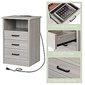 Tiptiper Nightstand Set of 2 with Charging Station,Grey Night Stands for Bedroom,Bedside Table with Drawers & USB Ports, 13.8D x 15.8W x 23.6H in