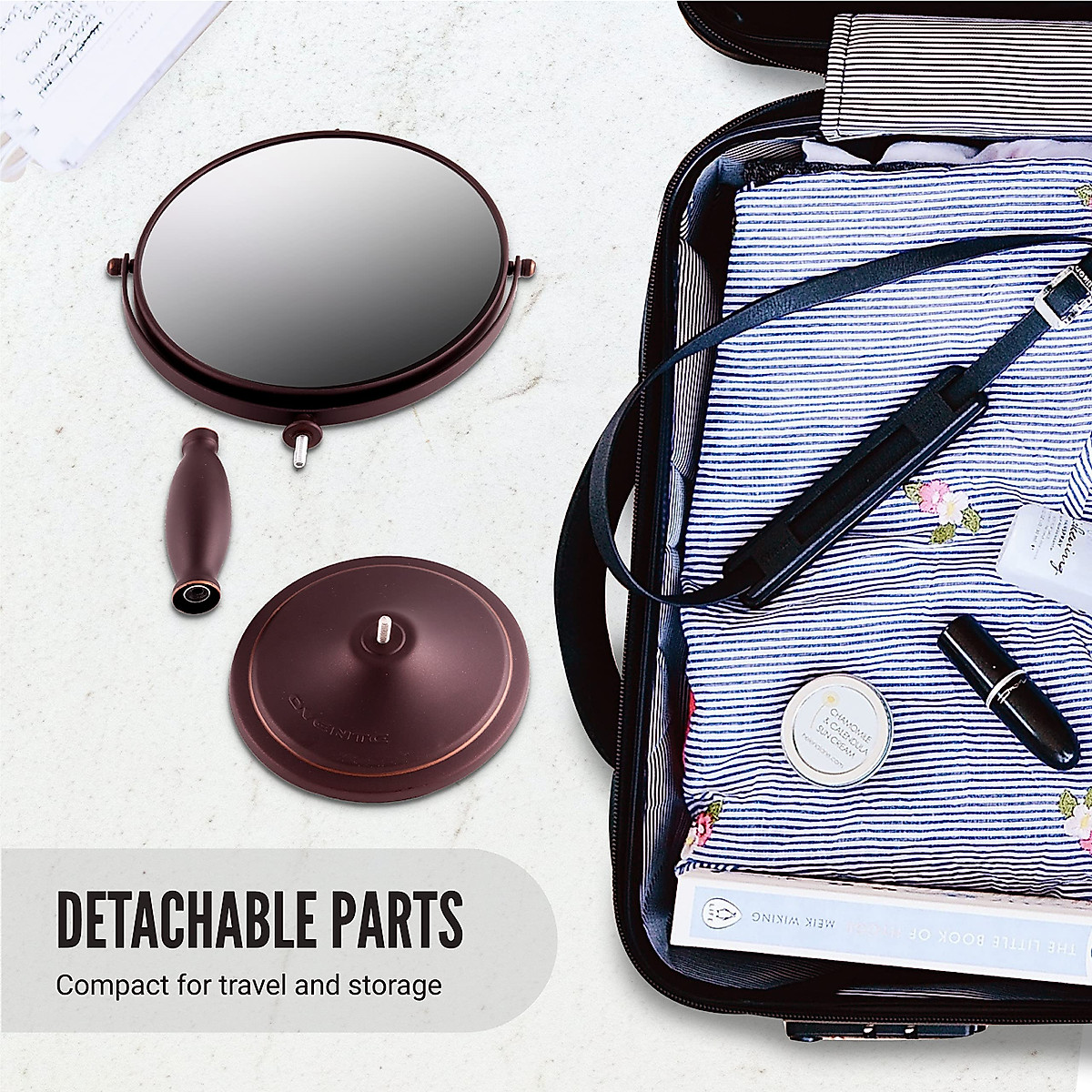 OVENTE 8'' Tabletop Makeup Mirror, 1X & 7X Magnification, Adjustable Spinning Double Sided Round Magnifier, Modern Décor for Office, Bath, Hotel, Compact for Travel, Antique Bronze MNLAT80ABZ1X7X