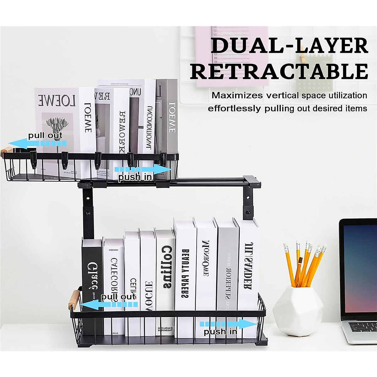 AT1nTen 2 Pack Under Sink Organizer, Sliding Cabinet Basket Organizer 2 Tier Under Bathroom Storage Rack with Hooks, Hanging Cup, Dividers, Multi-purpose Storage Shelf for Bathroom Kitchen, Black