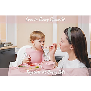 Silicone Baby Feeding Set, Baby Led Weaning Supplies - Suction Plate and Bowl, Self Feeding Spoon and Fork, 2 Bendable Spoons, Tiny Cup, Bib, First Stage Eating Utensils, Baby Dishes