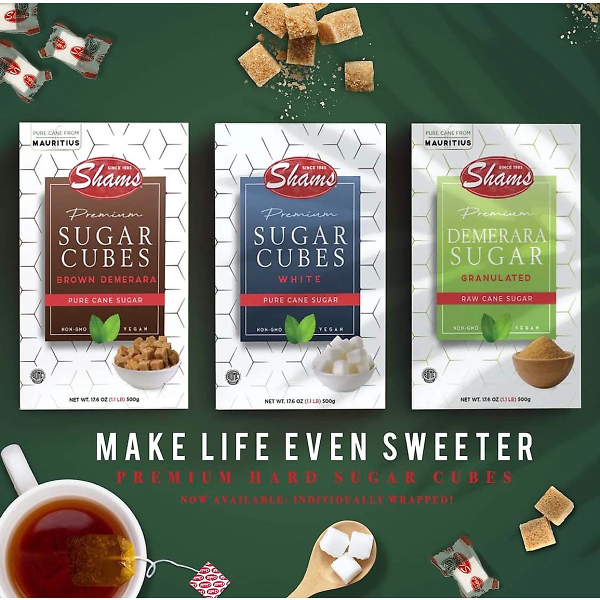 Shams Kosher Sugar Cubes – White Pure Cane Sugar Cubes, Non-GMO, Vegan, Certified Kosher - Individually Wrapped Sugar Cubes for Coffee, Cocktails, Tea 17.6 Ounce