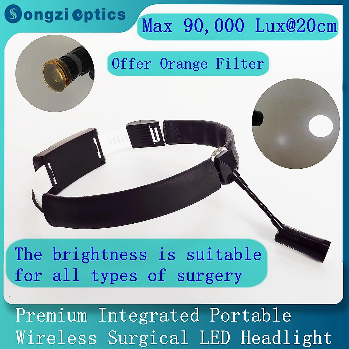Songzi Optics Max 90,000 Lux@20cm Distance Headband Dental Surgical Headlight Integrated with Battery