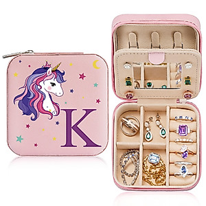 Parima Unicorn Gifts for Women - Unicorn Gift for 4-16 Year Old Girl |Christmas Birthday for Daughter Granddaughter Niece | Teenage Gift Idea | Cute Travel Jewelry Case Box - Letter K, Pink
