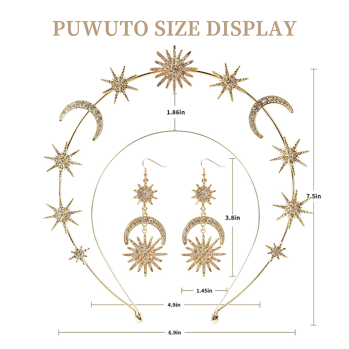 puwuto Halo Crown - Stars Crystal Goddess HeadBand with Earrings Mary Metal Halo Headpiece Celestial Crowns Tiaras for Women Bridal Wedding Costume Cosplay Party Goddess Accessories - Gold, Metal,