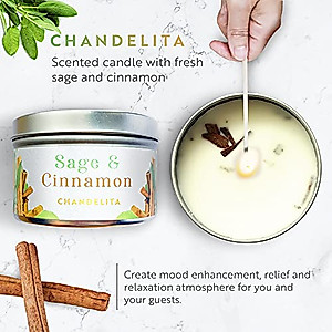 Chandelita Cinnamon Sage Candle for Cleansing House, Home Blessing and Energy with Sage Leaves and Soy Wax for Purification, Relaxation - Meditation Candle - Chakra Candles - Cinnamon Candle