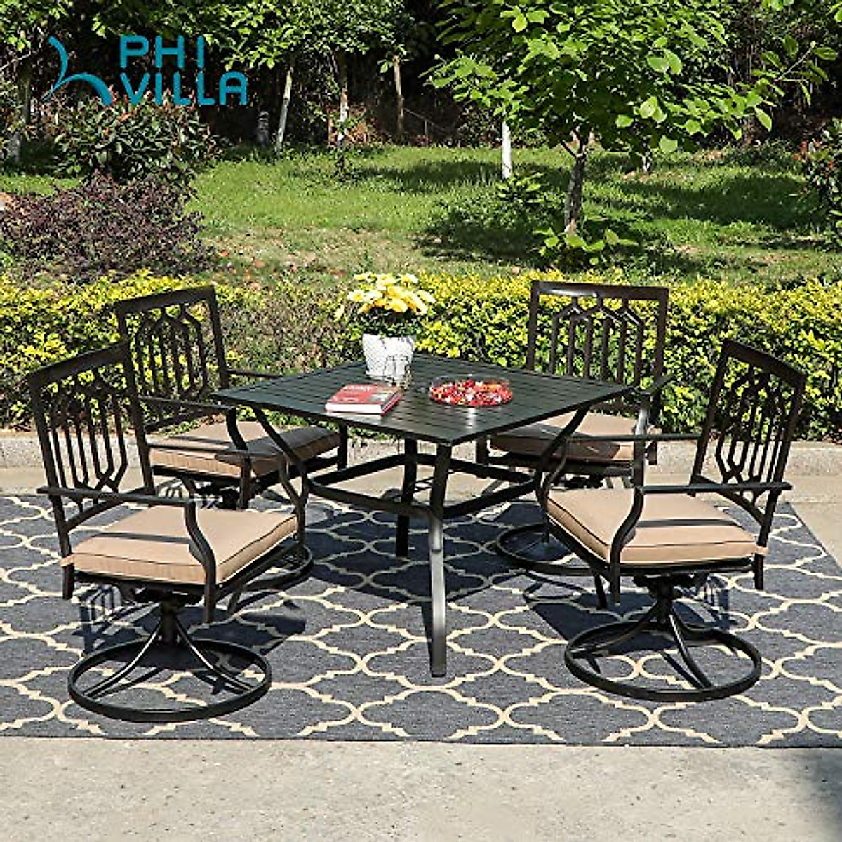 PHI VILLA Patio Dining Set 5 Pieces Outdoor Metal Furniture Set, 4 x Swivel Chairs with 1 Rectangular Umbrella Table for Outdoor Lawn Garden, Black