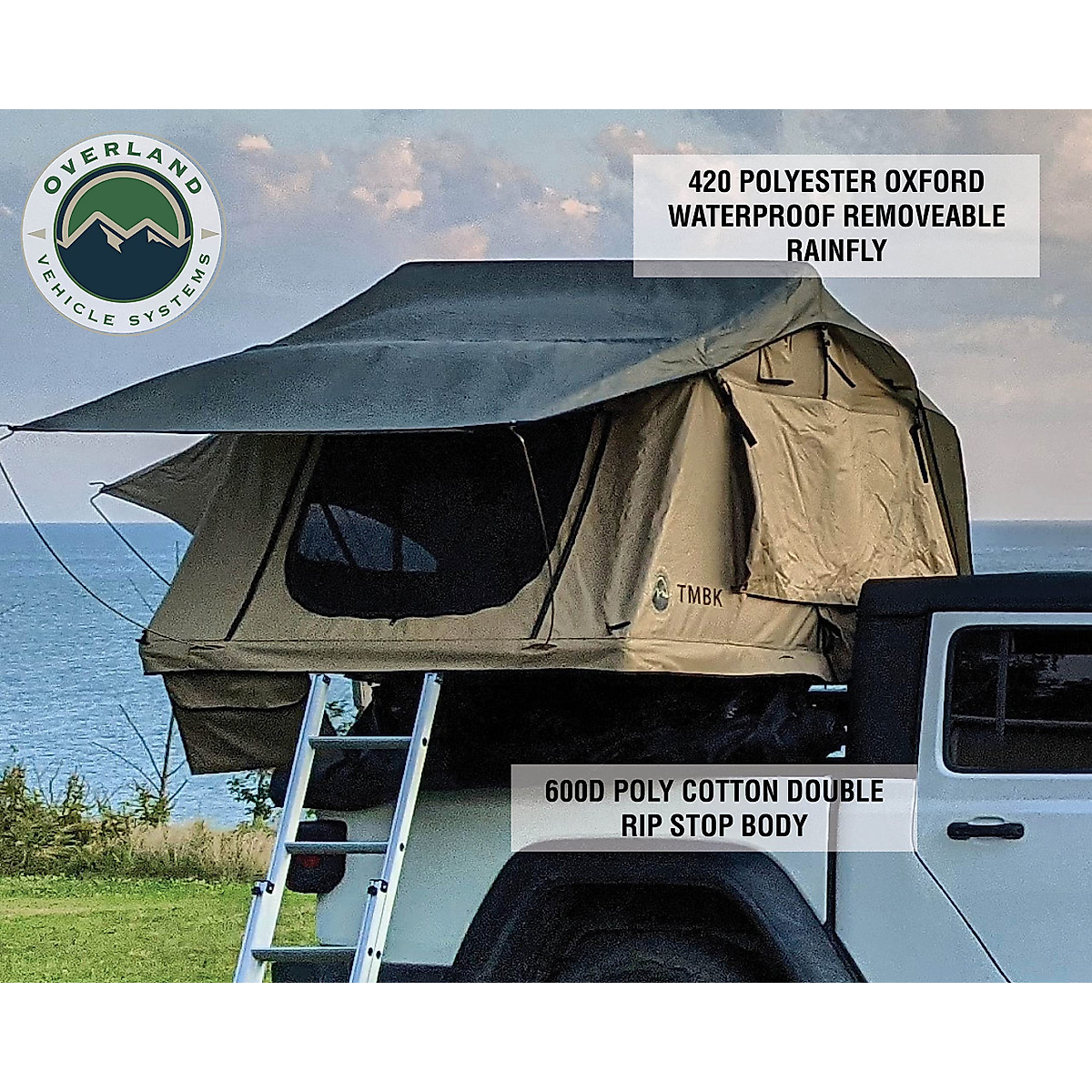 Overland Vehicle Systems TMBK 3 Person Roof Top Tent with Rain Fly Tan Body & Green Rainfly - Black Aluminum Base with Black Ladder - Universal Fitment