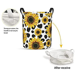 KiuLoam Sunflowers On Cow Print 19.6 Inches Large Storage Basket Collapsible Organizer Bin Laundry Hamper for Nursery Clothes Toys