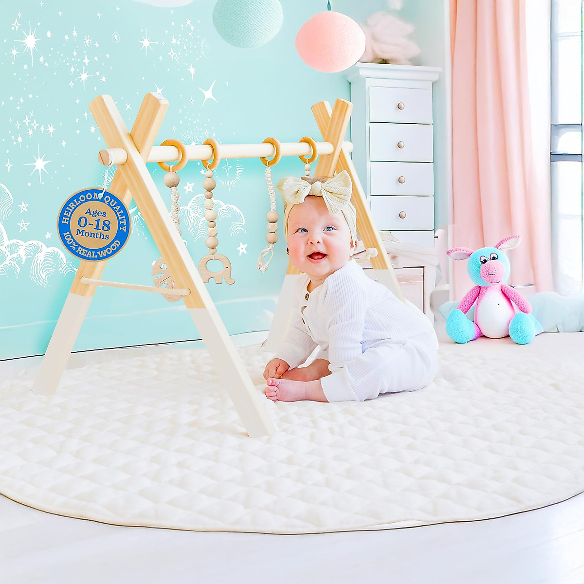 Poppyseed Play Wooden Baby Play Gym, Foldable Frame w/Hanging Bar, Tied Cotton Cord & Wooden Toys, Gender Neutral Baby Activity Set, Easy to Assemble (White Wood, Macrame Toys)