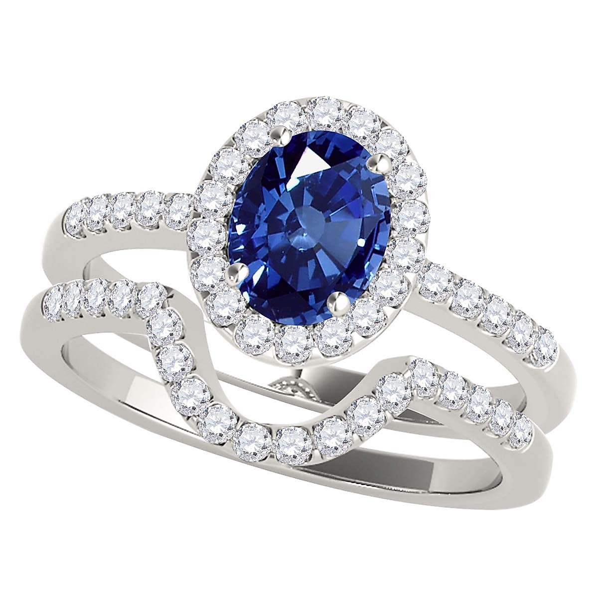 MauliJewels 1.18 Carat Oval Shaped Sapphire And Diamond Bridal Set prong 10K White Gold