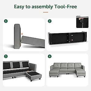 HONBAY U Shaped Sectional Sofa Convertible Couch with Double Chaises 4 Seat Sofa with Ottomans for Living Room, Light Grey