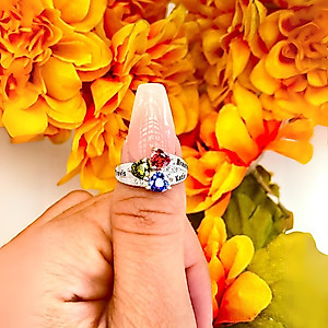 PaulaMax Jewelry Mothers Ring with 3 Birthstones – Custom Engraved Birthstone Ring for Women in Sterling Silver or White Gold – Personalized 3 Heart Birthstones, Size 7