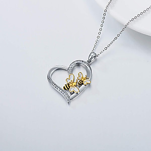 RMREWY Honey Bee Heart Cubic Zirconia Necklace 925 Sterling Silver Dainty Cute Bumblebee Pendant Jewelry For Birthday Graduation Mother's Day Gift For Women Mom (Bee Necklace)