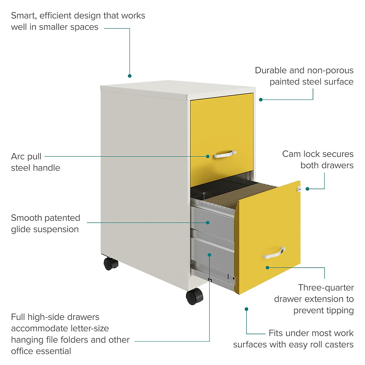 Space Solutions 18" 2 Drawer Mobile Metal Vertical File Cabinet White/Goldfinch