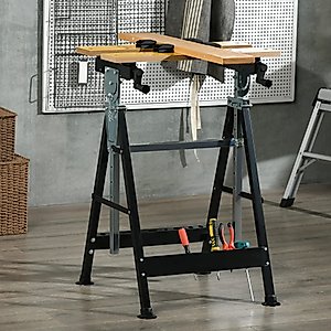 HOMCOM Work Bench Tool Stand with Adjustable Height and Angle, Carpenter Saw Table with 4 Clamps, Steel Frame, 220lbs Capacity