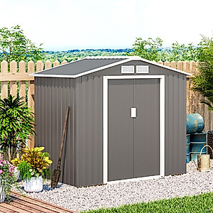Outsunny 7' x 4' Outdoor Storage Shed, Garden Tool Metal Shed with Foundation Kit, Double Lockable Door, Air Vents and Sloping Roof, for Backyard, Patio, Lawn, Gray