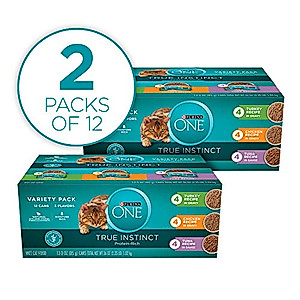 Purina ONE Natural, High Protein Wet Cat Food Variety Pack, True Instinct Turkey, Chicken & Tuna Recipes - (2 Packs of 12) 3 oz. Cans