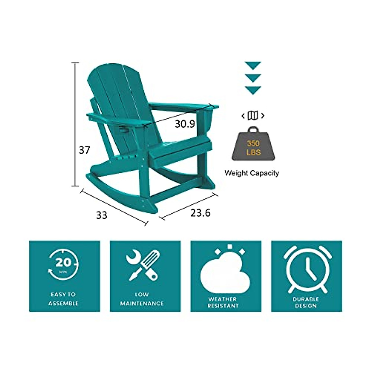 HUEZOE Adirondack Rocking Outdoor Cup Holder, Weather Resistant HDPE Patio Chairs QWY03, Blue