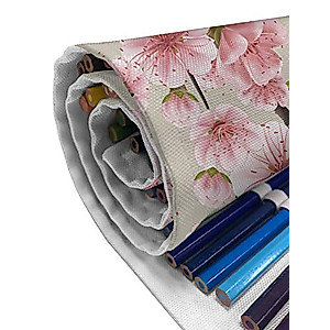 Ambesonne Cherry Blossom Roll Up Pencil Holder, Random Arrangement of Pastel Colored Blooming Sakura Flower, Painting Drawing Pencils Case for Artists Students, 72 Loops, Rose Eggshell
