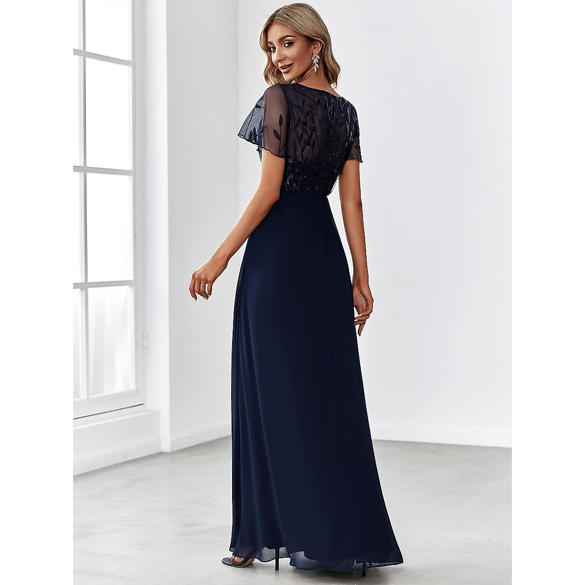 Ever-Pretty Women's Short Sleeve Sweetheart Illusion Wedding Party Maxi Dress Navy US14