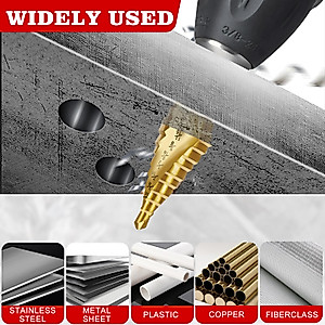 Step Drill Bit Set - 3 Piece High Speed Steel Spiral Grooved Step Drill Bit for Metal Sheet Aluminum Wood Hole Drilling, 1/4" Hex Shank Unibit Step Bit for Faster Drilling 31 Size Cone Step Drill Bits
