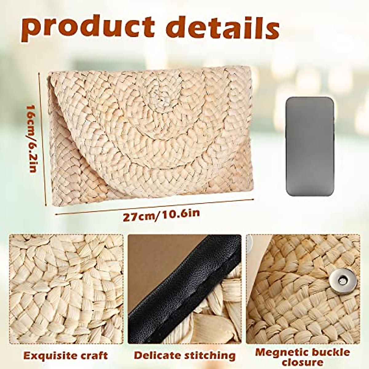 Chunful 3 Pcs Straw Clutch Purses for Women Girls Summer Beach Bags Envelope Woven Purse Vacation Beach Vacation Bride Wedding Evening Wallet Handbag, 3 Colors