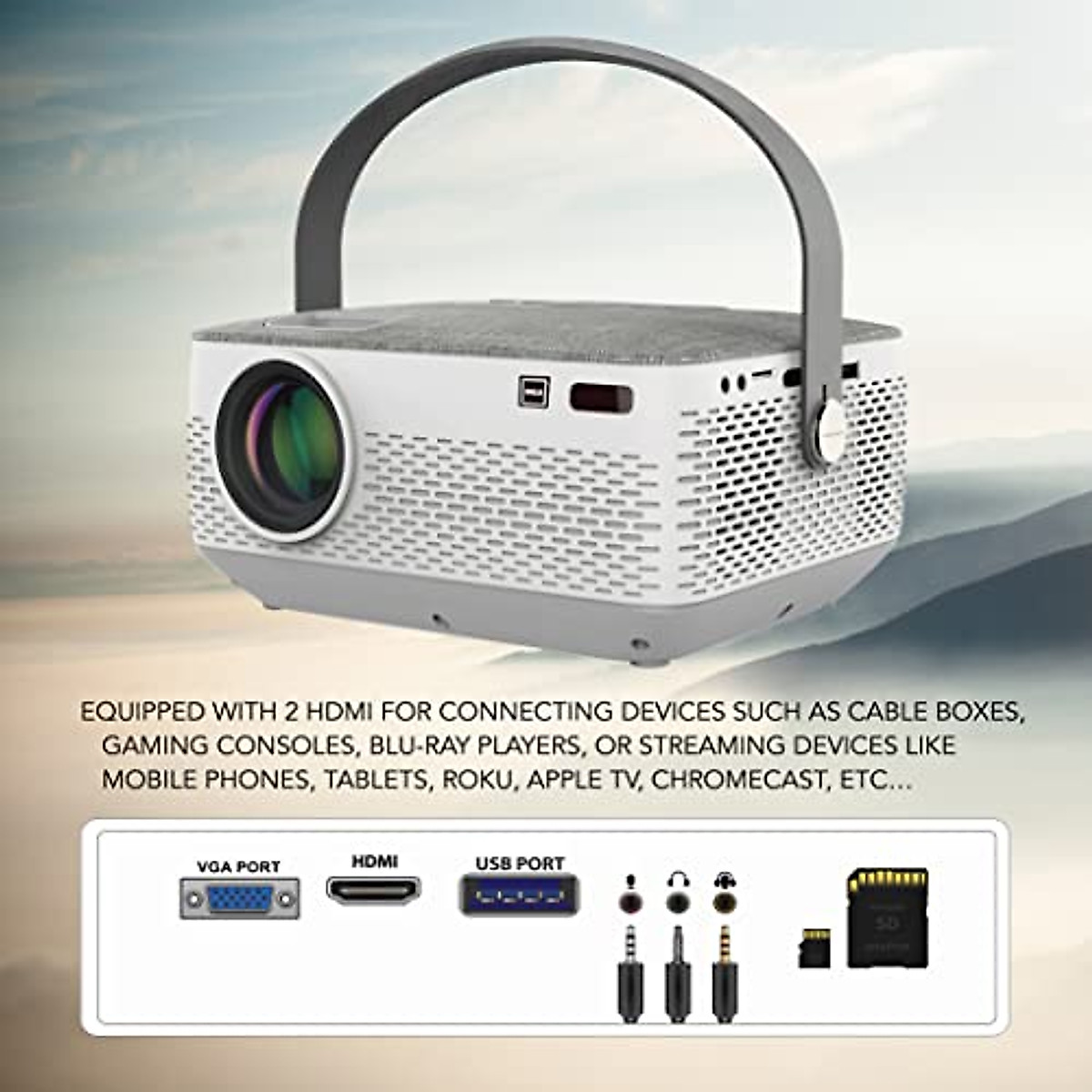 RCA RPJ402 1080P Bluetooth 5.0 Home Theater, Video Projector, LCD Display, HDMI USB AV TF, Indoor & Outdoor Use, Built-in Rechargeable Battery, White